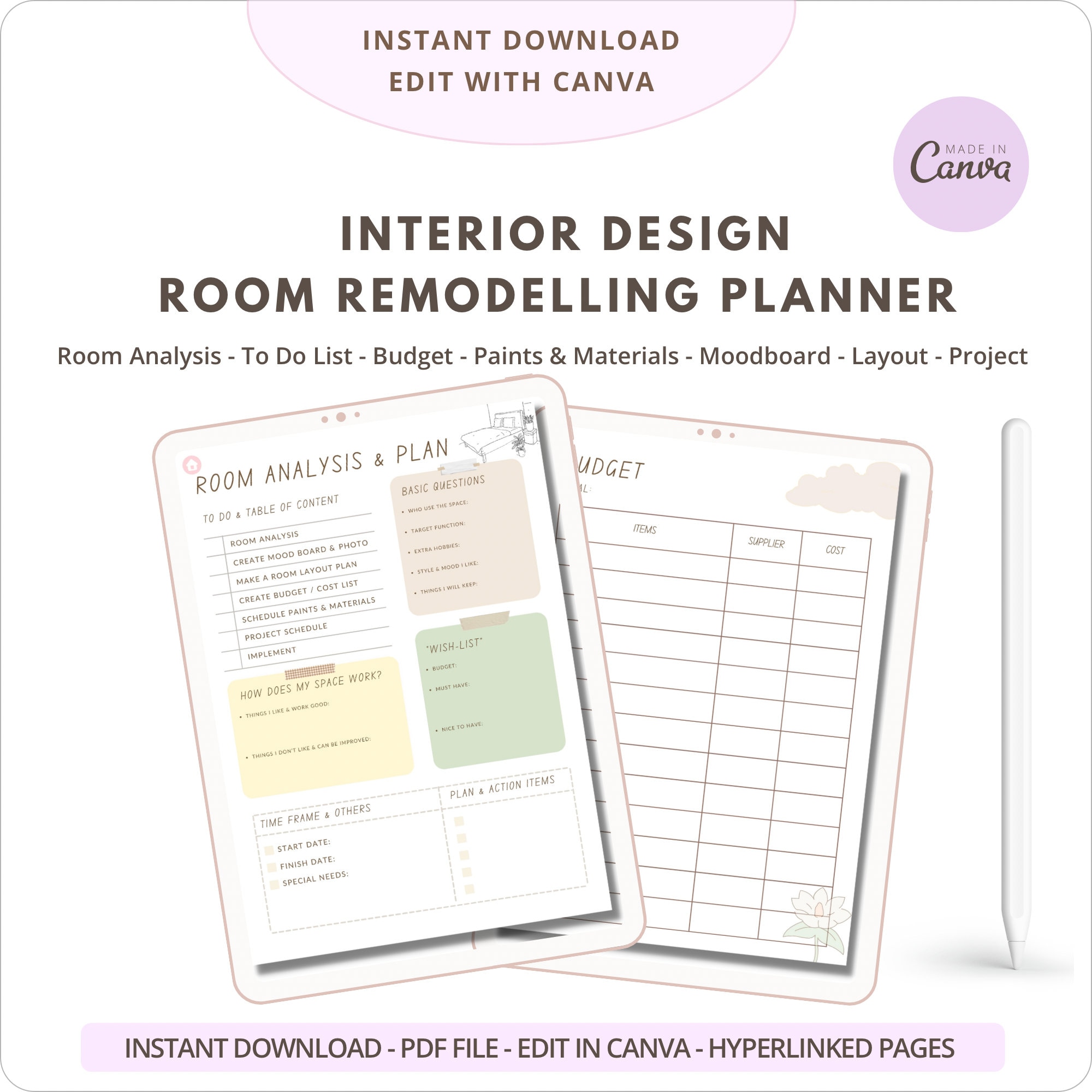 Remodeling Planner, Canva Digital Renovation Planner, Interior Design ...