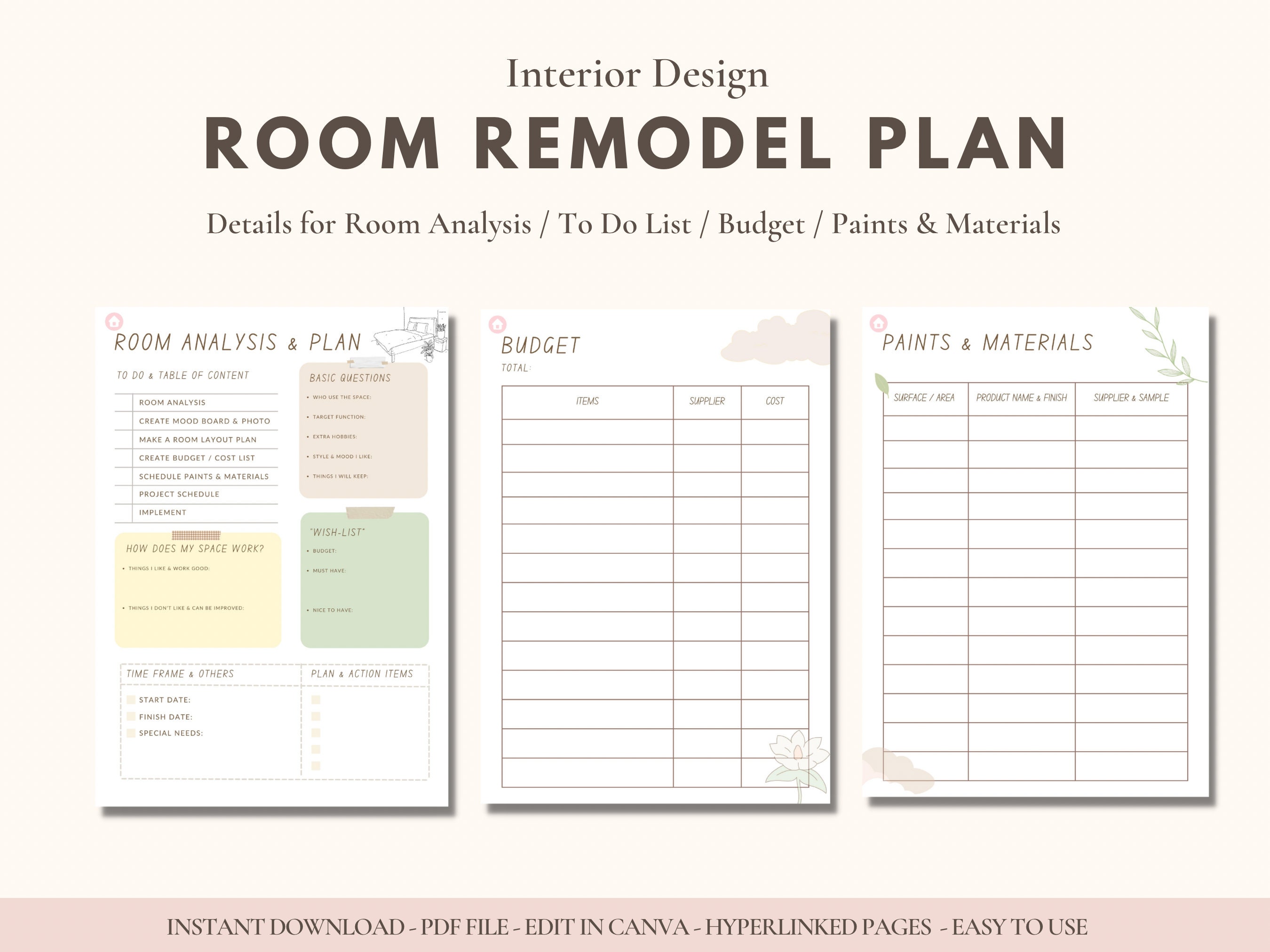 Remodeling Planner Canva Digital Renovation Planner Interior Design ...