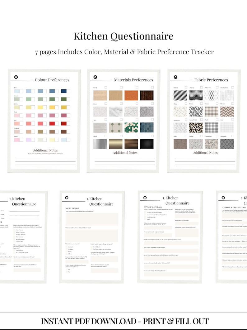 Printable Kitchen Remodel Renovation Planner PDF Questionnaire, Budget ...