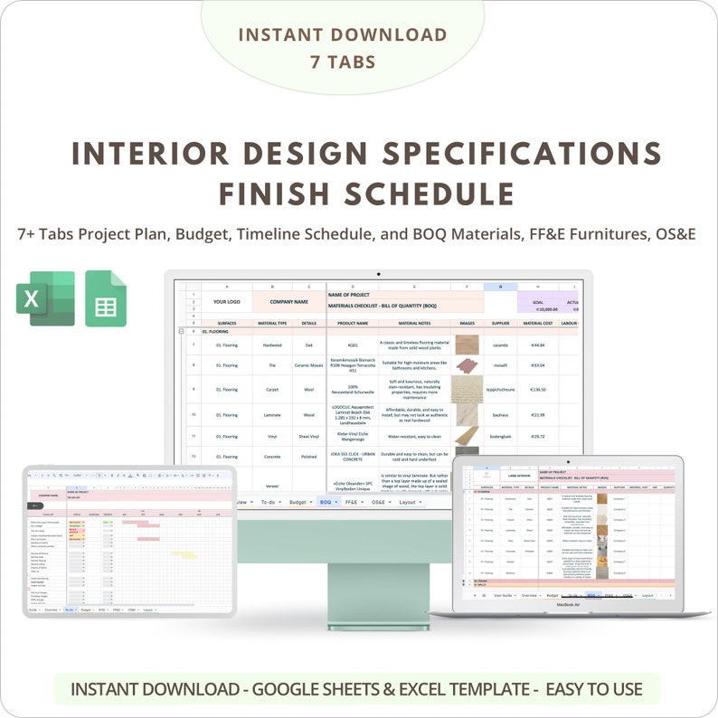 Interior Design Specification Template: Renovation Planner (google Sheets & Excel) - Etsy