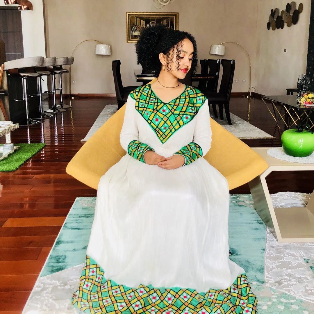 Vibrant Menen Habesha Kemis With Stunning Green Tilf Design - Etsy