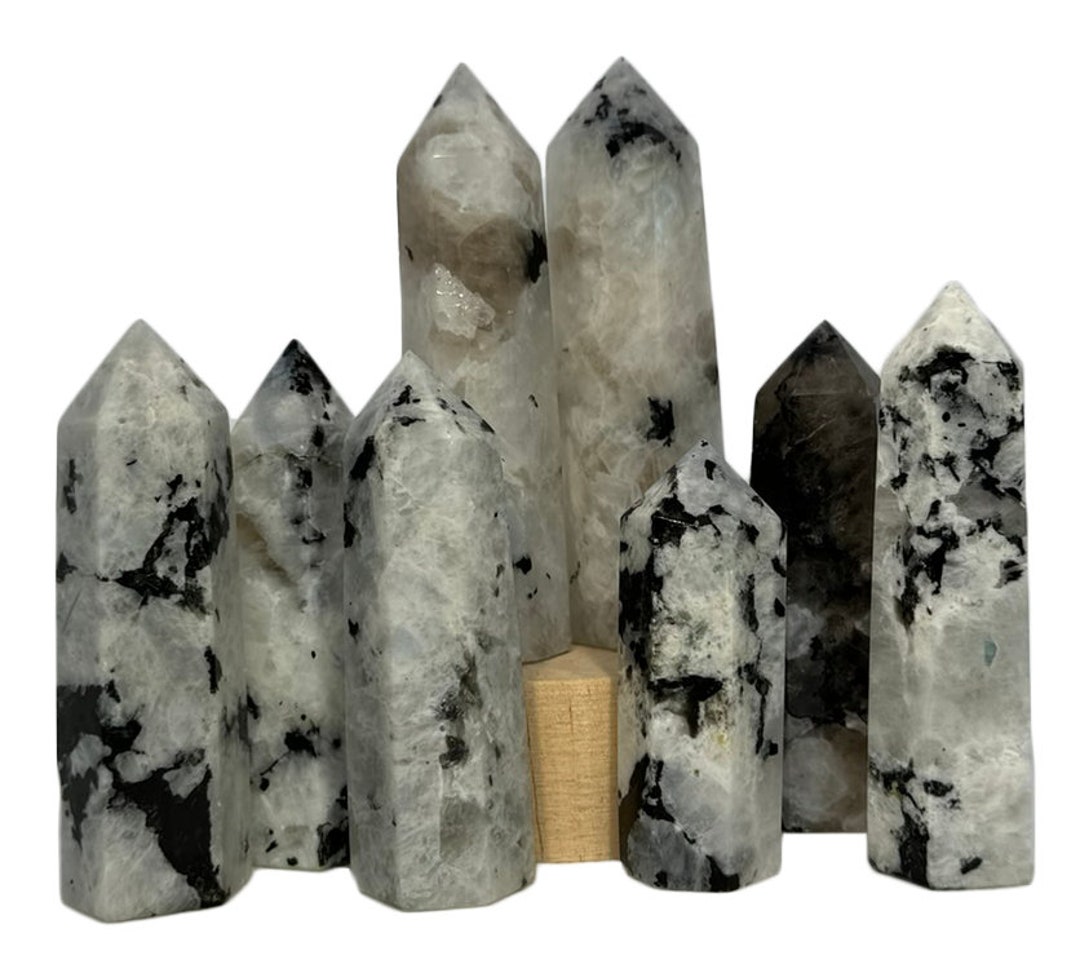 Rainbow Moonstones With Blue Flash Point Towers Creativity, Balance and ...