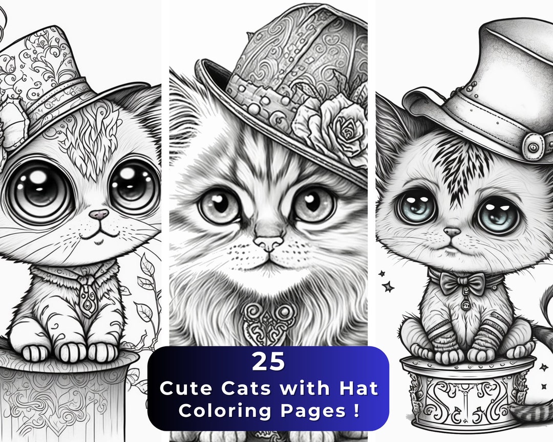 MAXI PACK 25 Cute Cats With Hat Coloring Pages Printable - Etsy