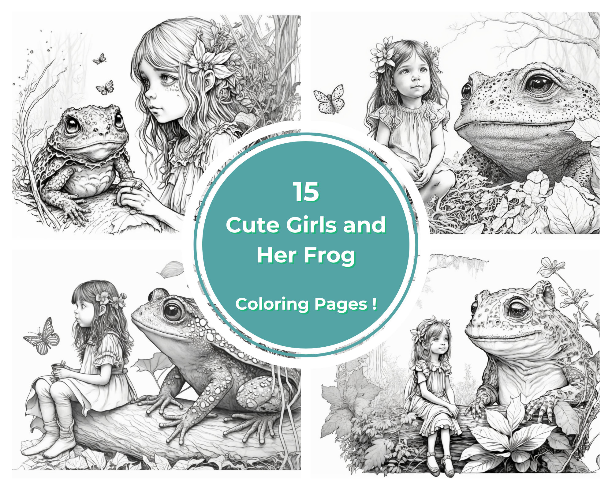 MAXI PACK 15 Cute Girls and her Frog Coloring Pages Printable Digital ...