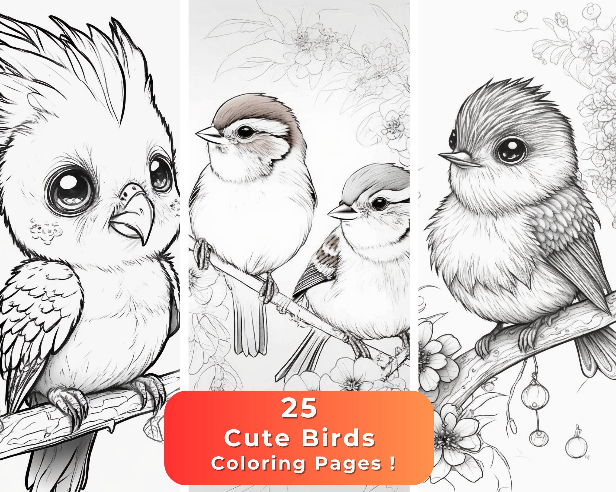 MAXI PACK 25 Cute Birds Coloring Pages Printable Digital Coloring ...