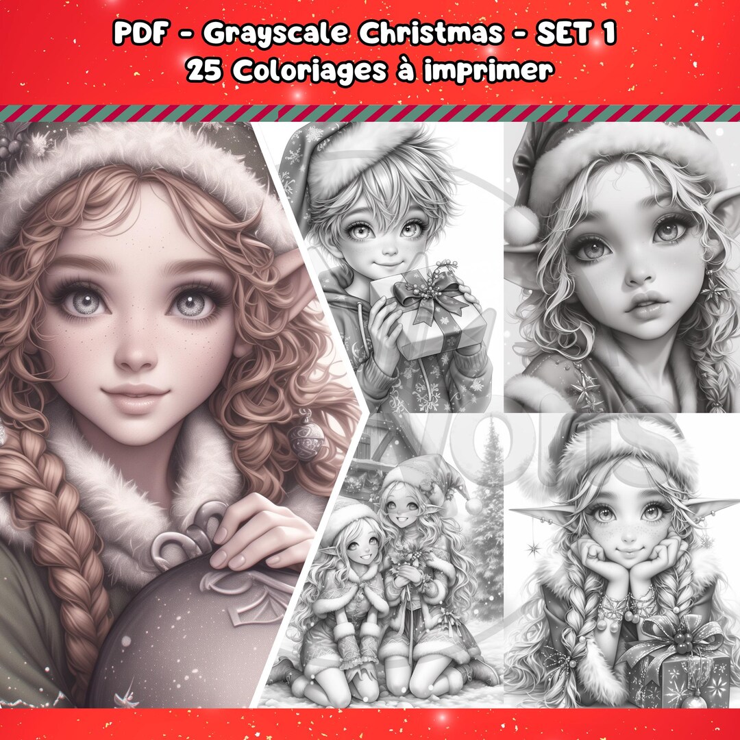 25 Grayscale Christmas Illustrations Printable PDF Coloring Pages ...