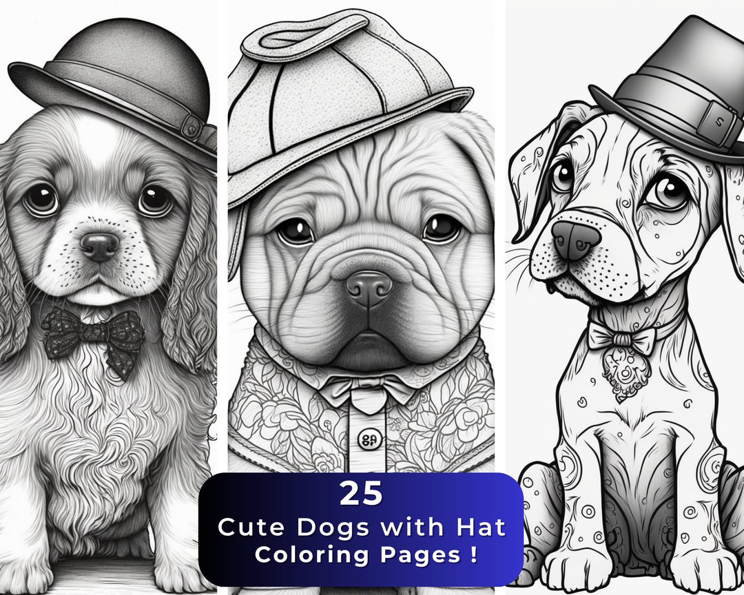 MAXI PACK 25 Cute Dogs With Hat Coloring Pages Printable Digital ...