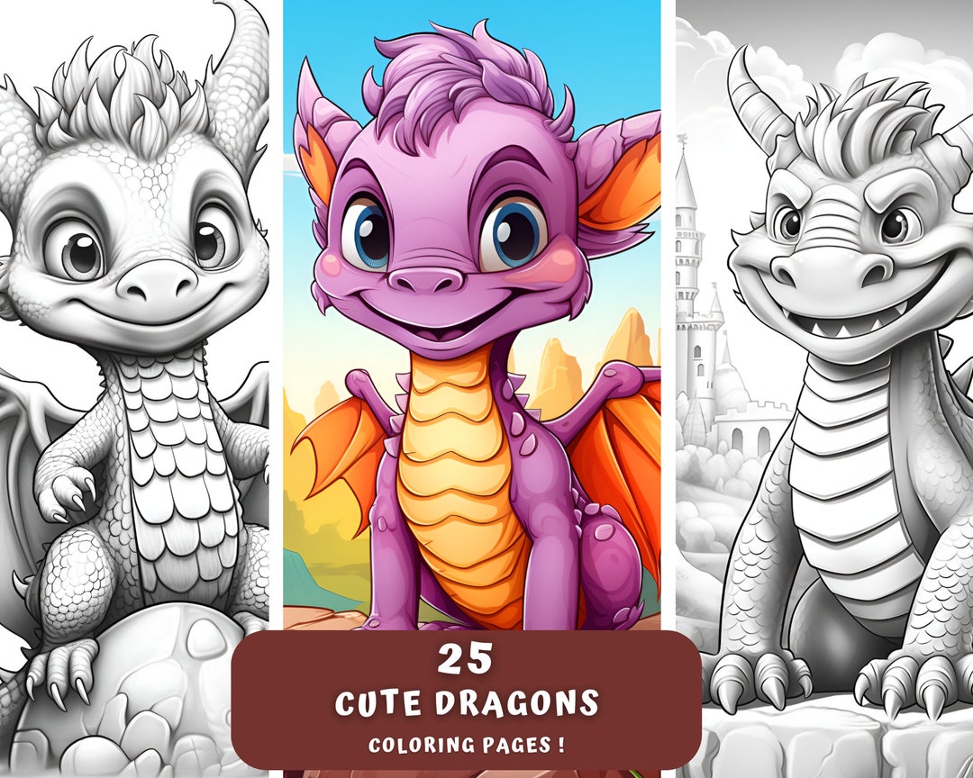 MAXI PACK 25 Cute Dragons Coloring Pages Printable Digital Coloring ...