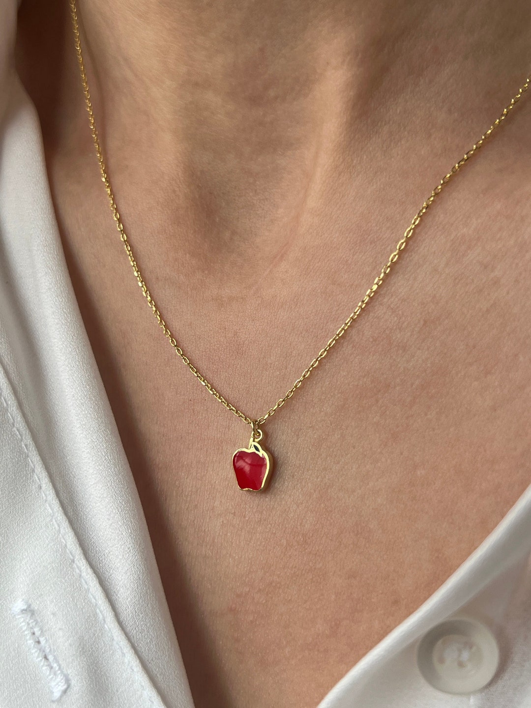 Red Apple Necklace: 18K Gold Plated Sterling Silver Fruit Jewelry - Etsy