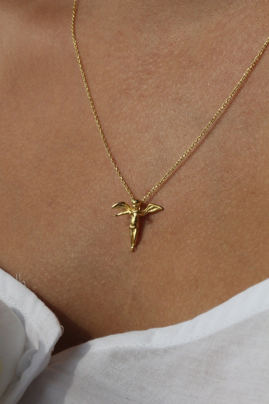 Gold Angel Necklace Sterling Silver Religious Pendant - Etsy