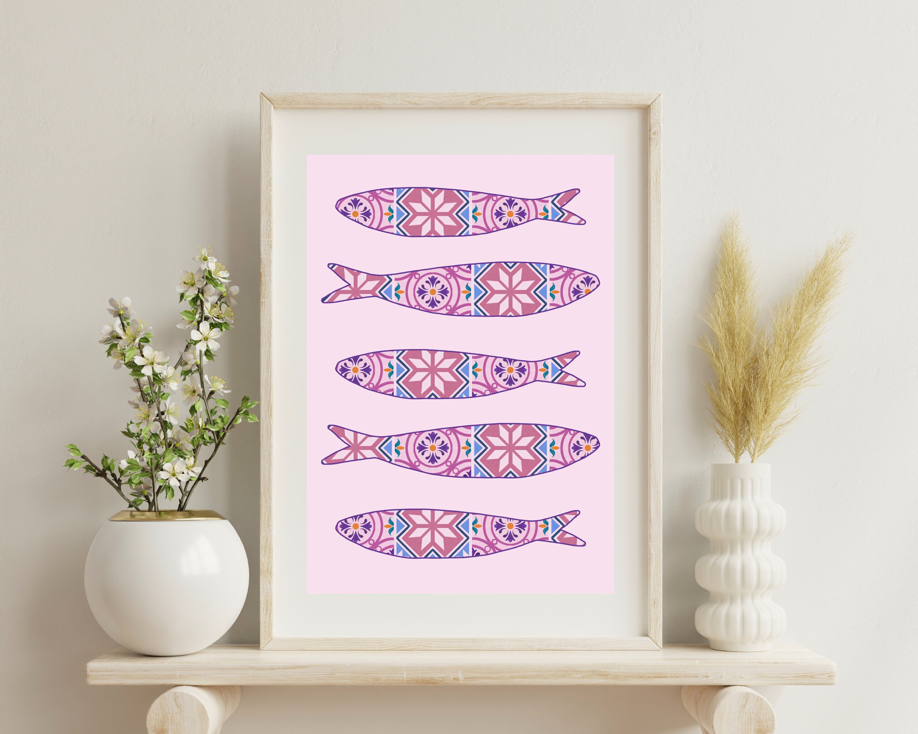 Boho Portuguese Sardine Tile Wall Art, Portugal Sardine Tile Art Print ...
