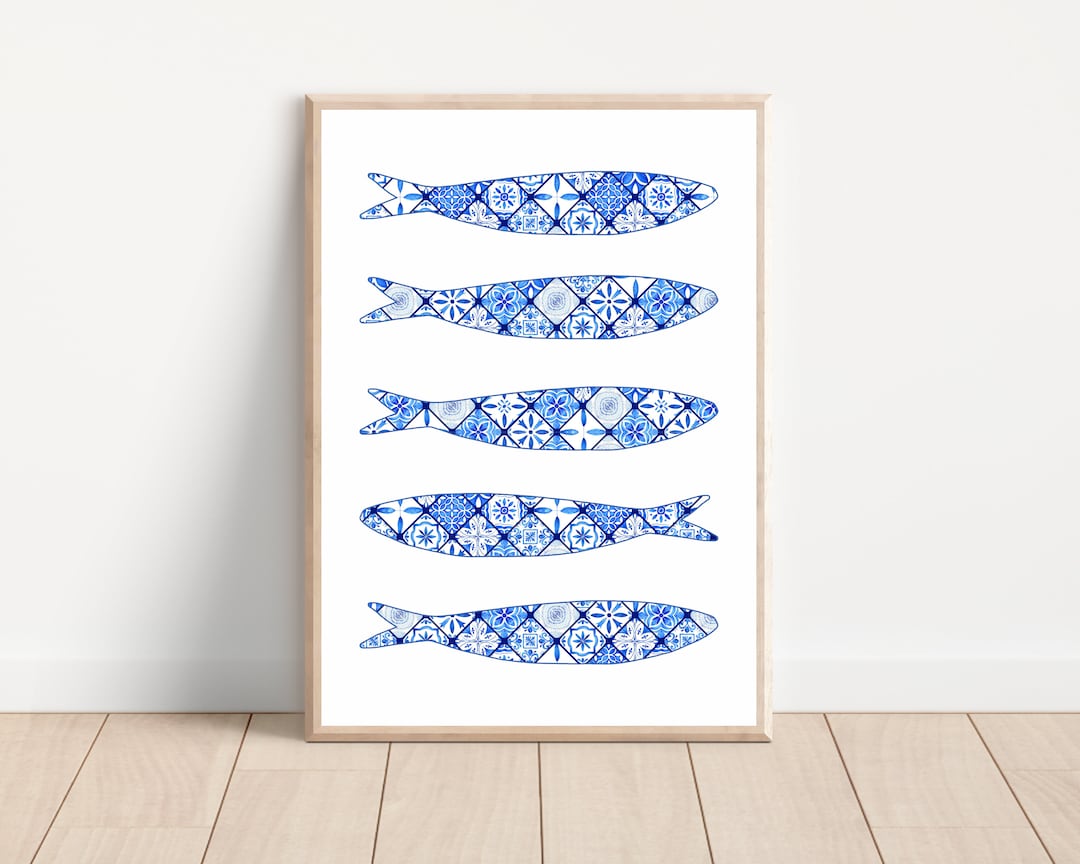 Blue Portuguese Sardine Tile Wall Art Print, Boho Portugal Sardine Tile ...