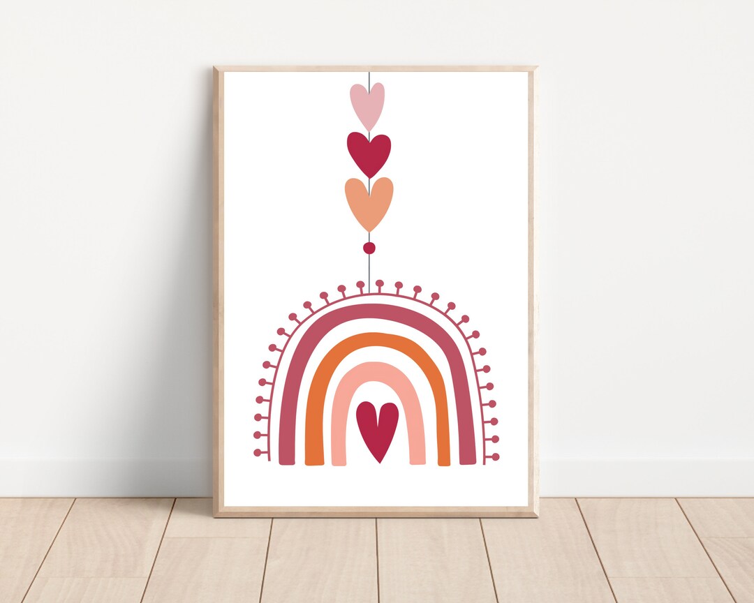 Boho Rainbow and Hearts Wall Art Print, Girl Nursery Heart and Rainbow ...