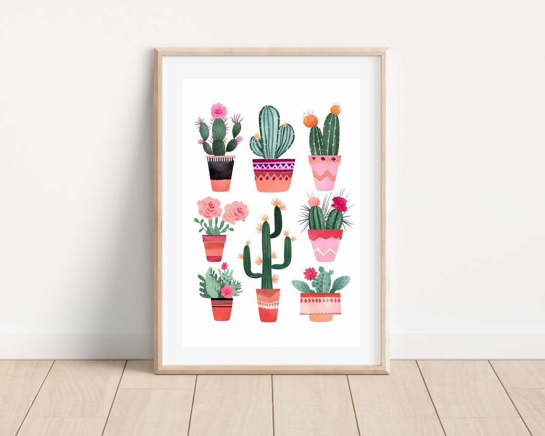 Boho Mini Cactus Art, Pink Boho Cactus Print, Printable Cactus Wall Art ...