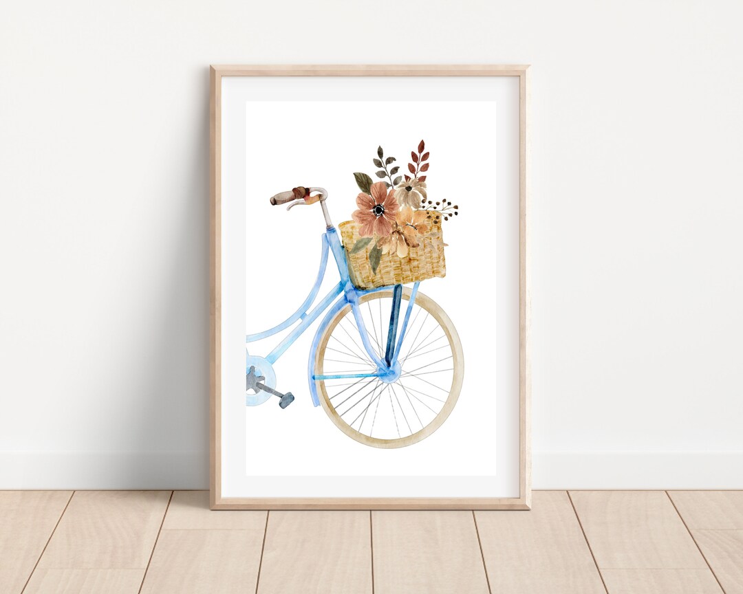 Watercolor Bicycle With Flowers Wall Art Print, Bicycle With Basket of ...