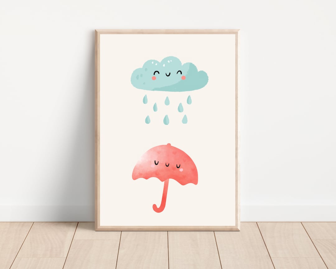 Cute Rainy Cloud and Umbrella Nursery Wall Art Print, Boho Weather ...