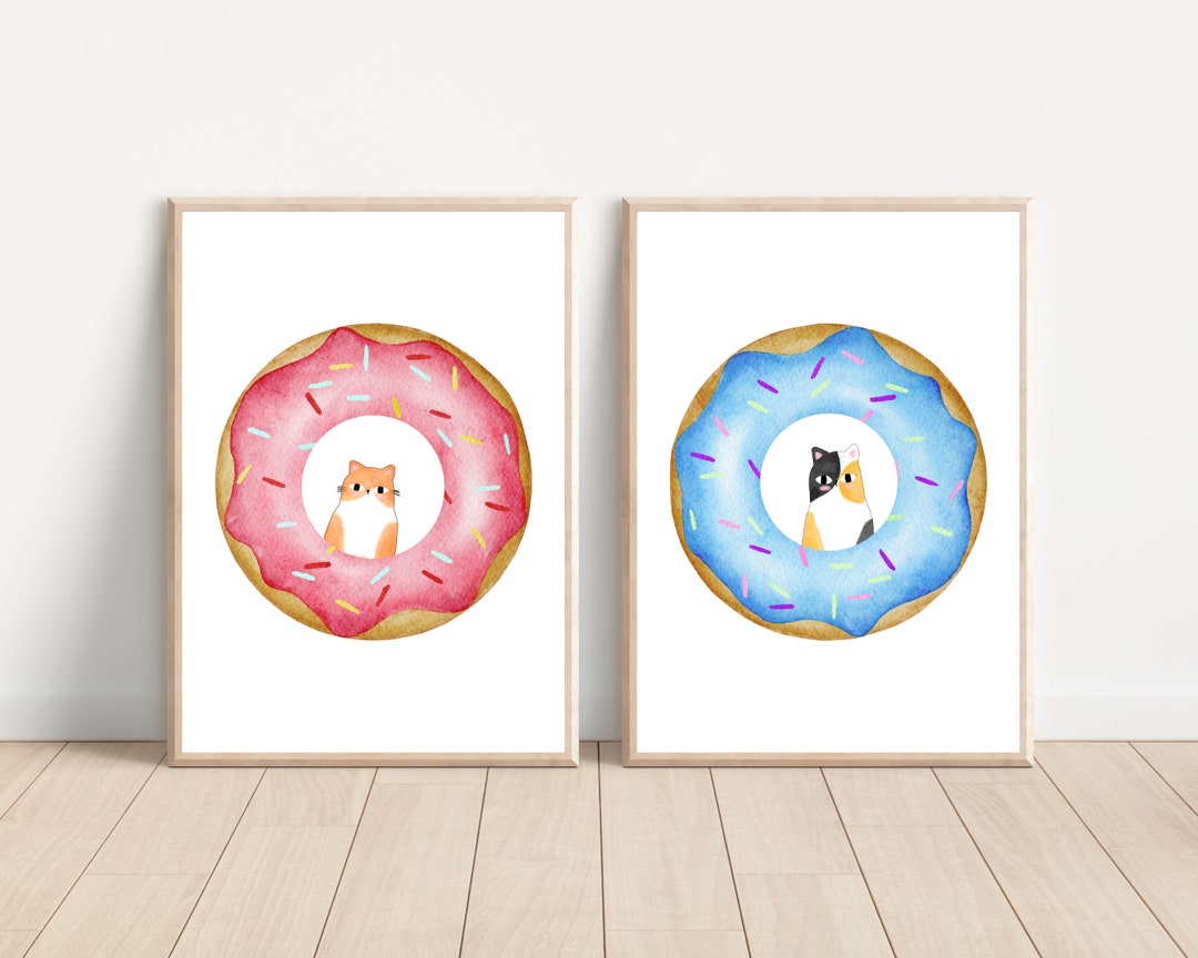 Cute Watercolor Peeakaboo Cat and Donut Wall Art Print, Boho Cat With ...