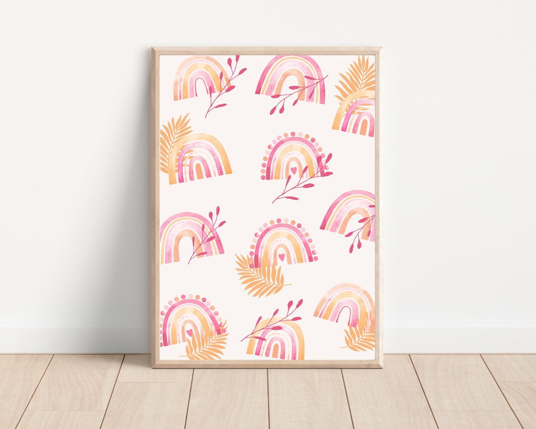 Boho Watercolor Pink Floral Rainbow Wall Art Print, Baby Girl Nursery ...