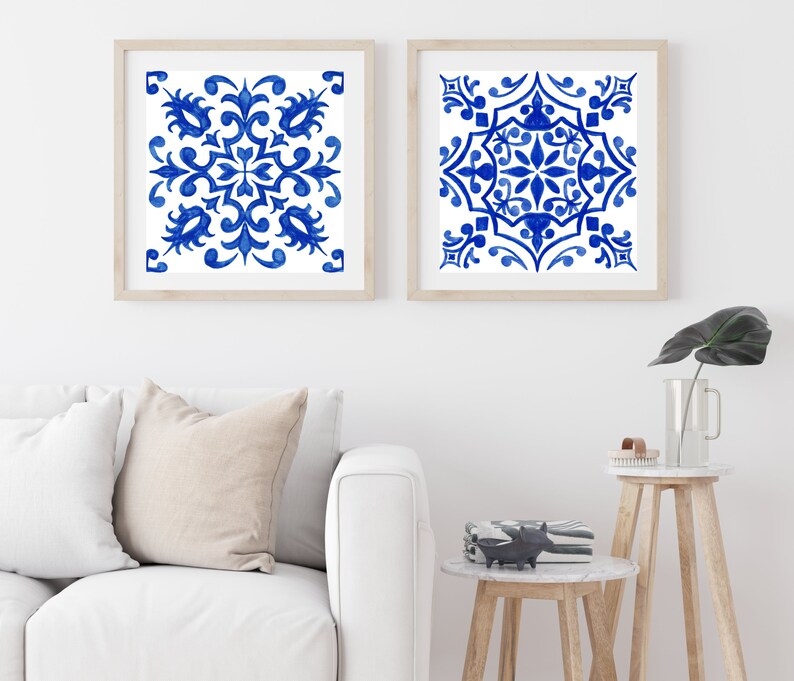 Blue Watercolor Spanish Tile Wall Art Print for Mediterranean Home ...