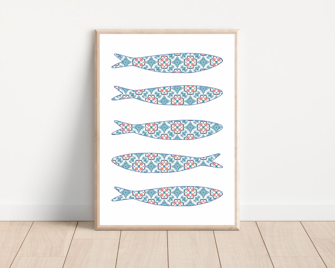 Boho Blue and Red Portugal Sardine Tile Wall Art Print for ...