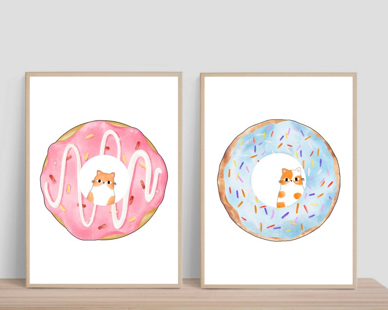 Watercolor Peekaboo Donut Cat Wall Art Print Gift for Cat Lover, Funny ...