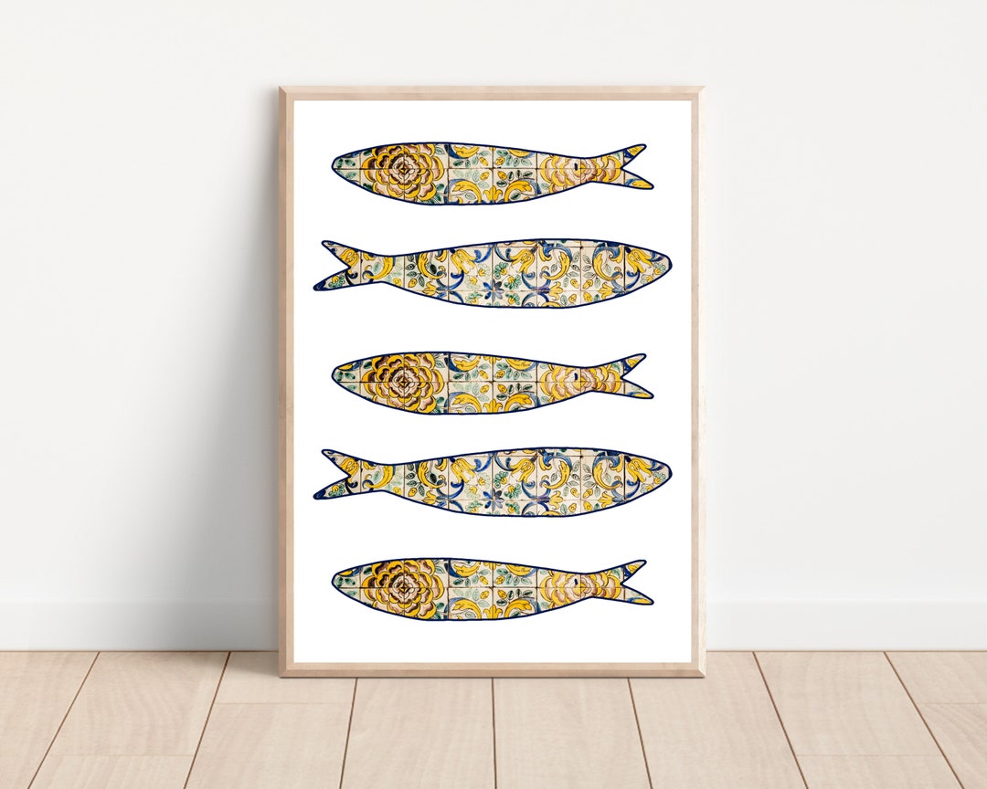 Portugal Boho Sardine Tile Wall Art Print, Portuguese Yellow Sardine ...