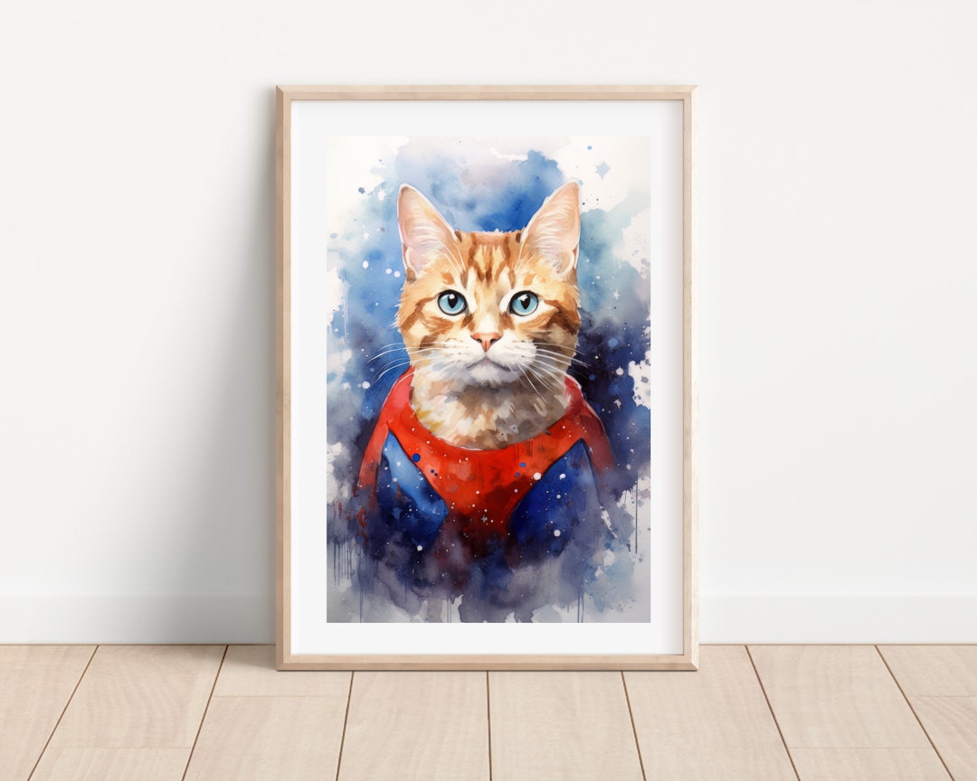 Super Cat Art Print, Watercolor Cat Superhero Art, Cat Hero Printable ...