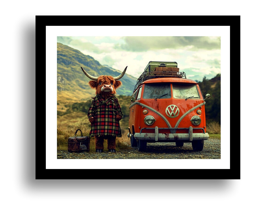 Highland Cow & Vintage VW Camper Van Print: Scottish Road Trip Art - Etsy