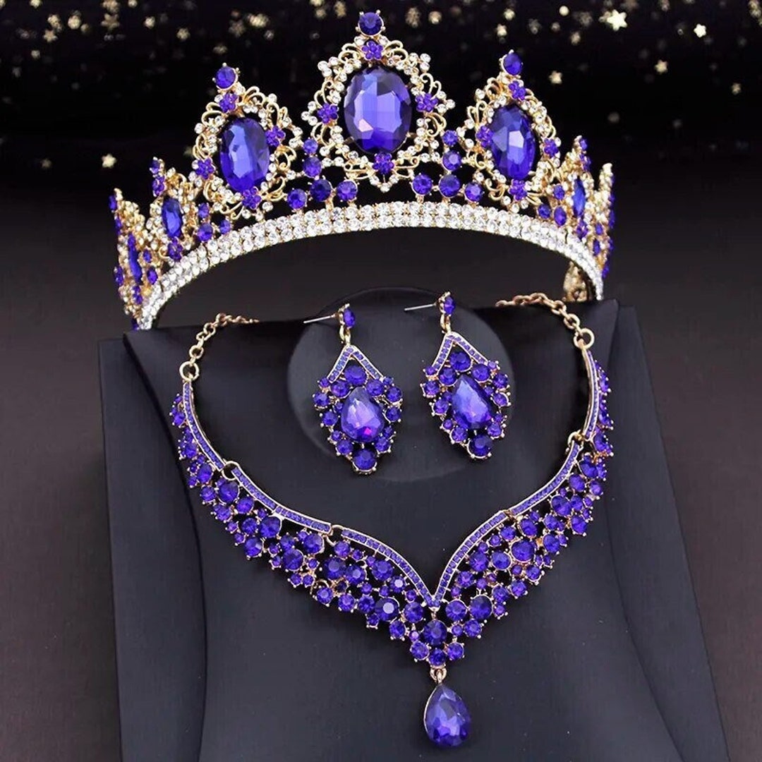 Gold Crystal Tiaras Bride Jewelry Sets Silver Blue Crystal - Etsy