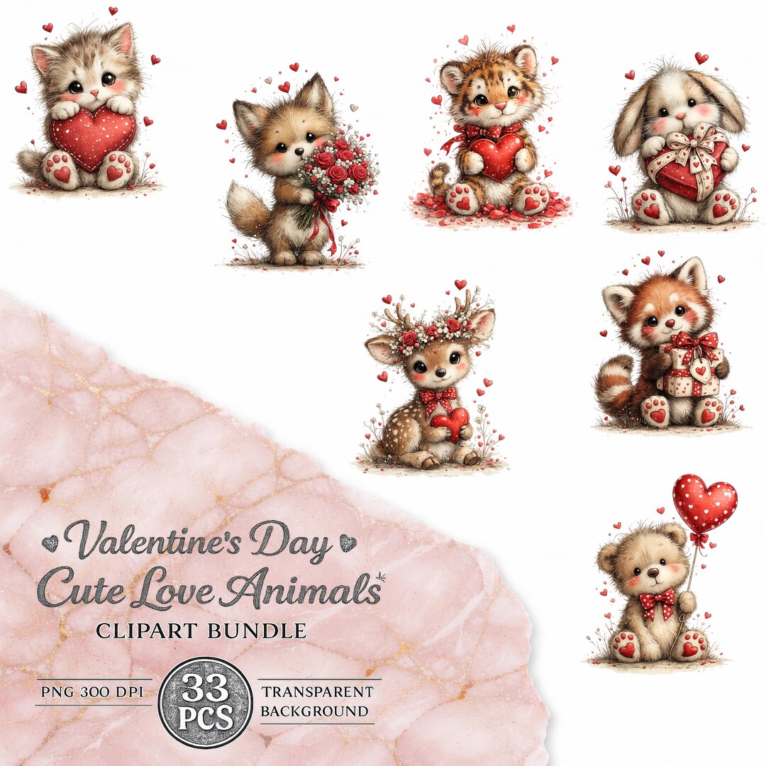Cute Love Animals Clipart Bundle | Romantic Kawaii Animal PNG ...