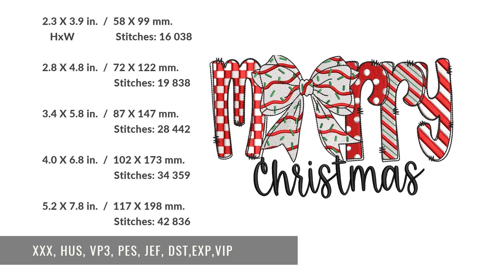 Merry Christmas Machine Embroidery Design. 5 Sizes. Christmas Bow ...