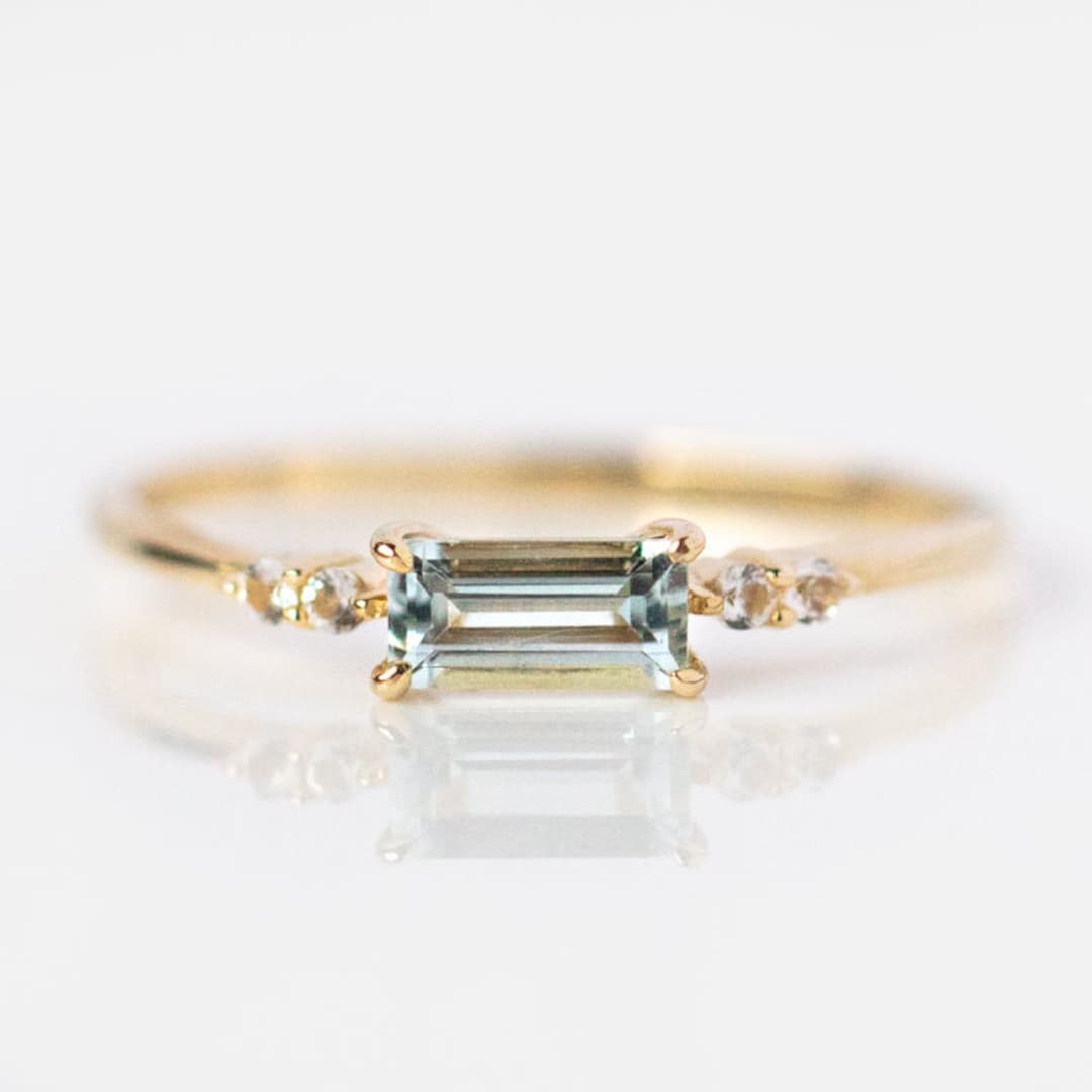 18k Aquamarine Baguette With Emerald Cut Ring,dainty Stacking Band Ring ...