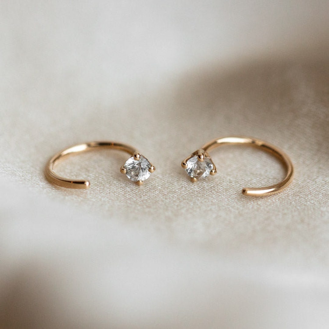 Tiny Solid Gold Round Open Hoop Earrings, White Gold Round Moissanite ...