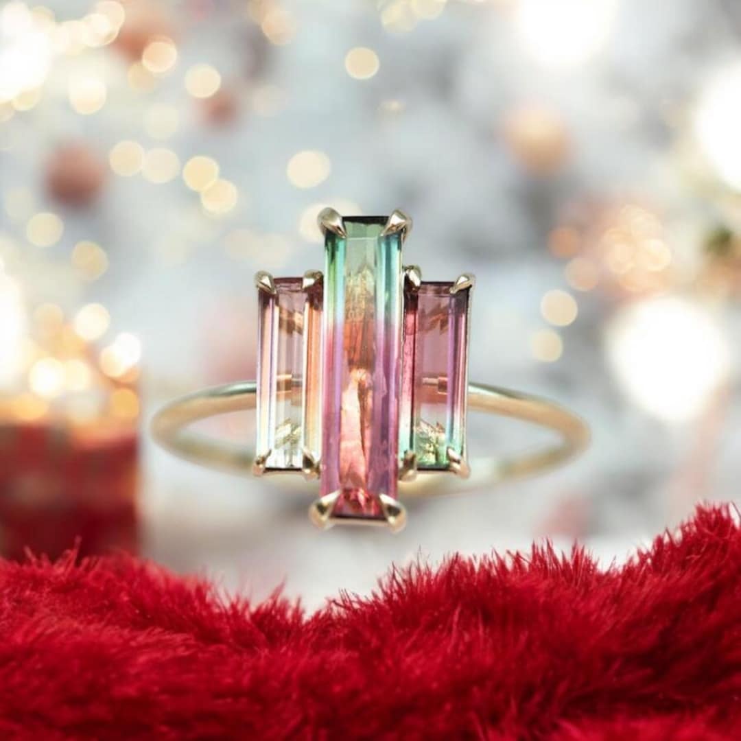 Watermelon Tourmaline Ring, Baguette Engagement Ring, Pink Green Three ...