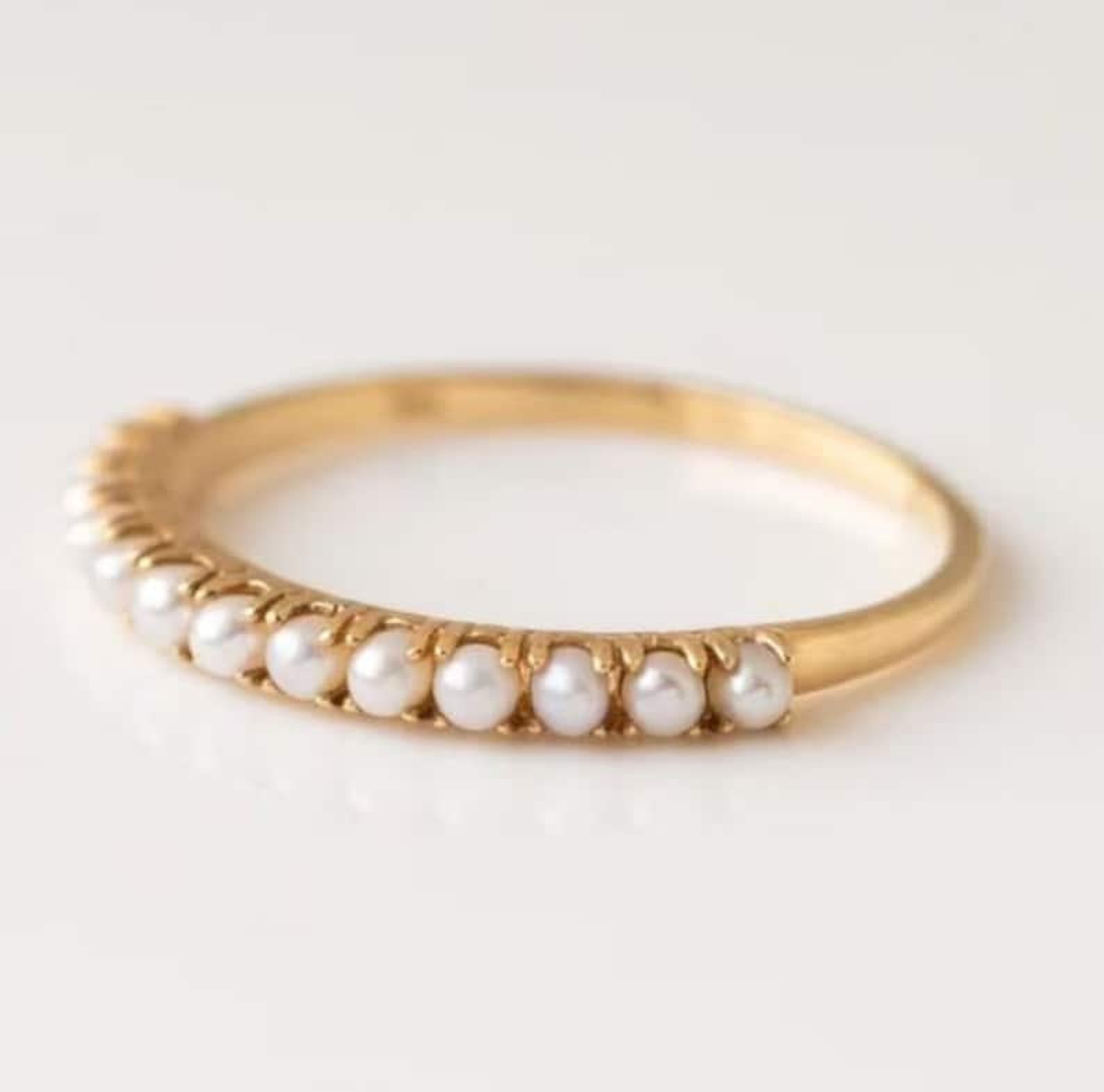 14k Gold Dainty Pearl Ring, Pearl Stacking Band Ring, Pearl Eternity ...