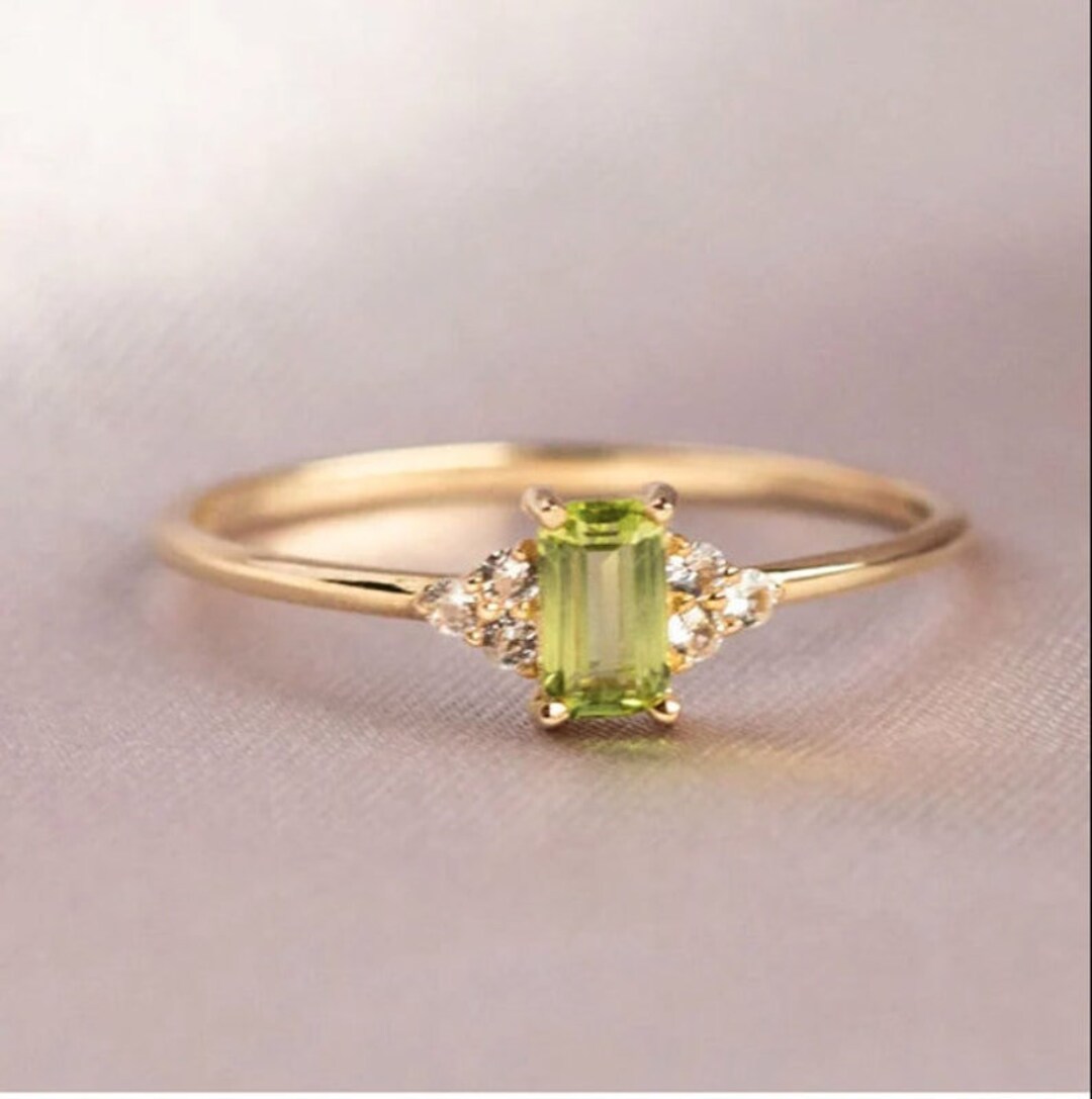 14k Gold Peridot Ring, Solitaire Peridot Ring, Baguette Peridot Ring ...