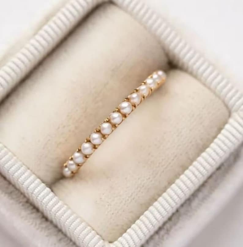 14k Gold Dainty Pearl Ring, Pearl Stacking Band Ring, Pearl Eternity Wedding Band, June ...