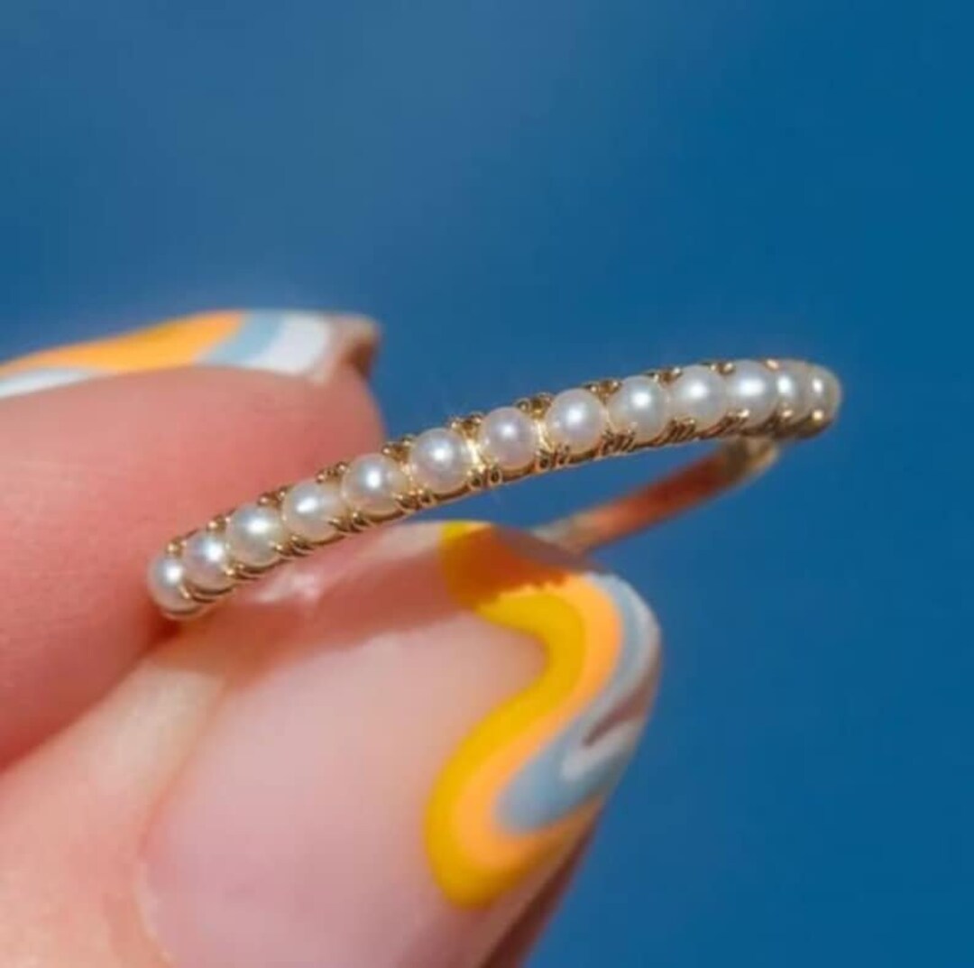 14k Gold Dainty Pearl Ring, Pearl Stacking Band Ring, Pearl Eternity ...