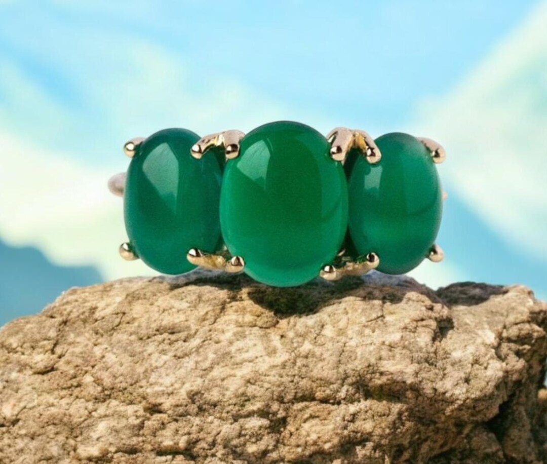 Anillo de ónix verde natural Anillo nupcial de oro amarillo de 14K ...