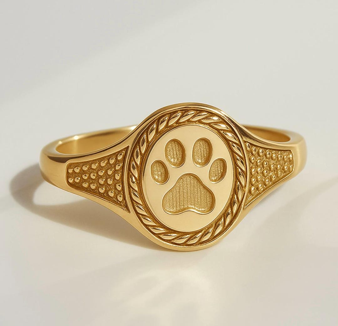 Gold Paw Print Signet Ring – Textured Pet Memorial Ring – Cat Dog Lover ...