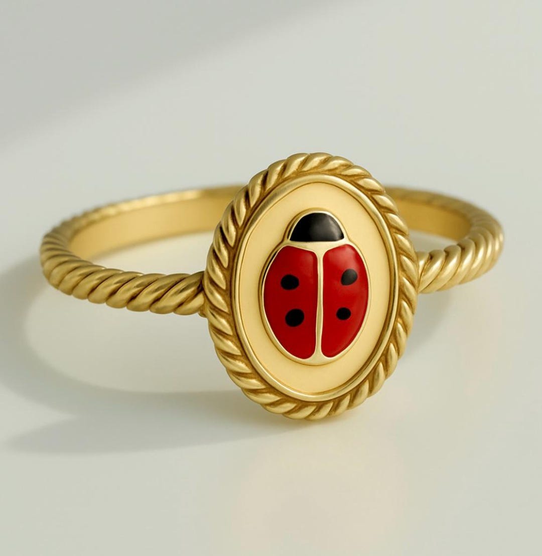 14k Gold Ladybug Signet Ring – Oval Enamel Ladybird Ring – Twisted Rope ...