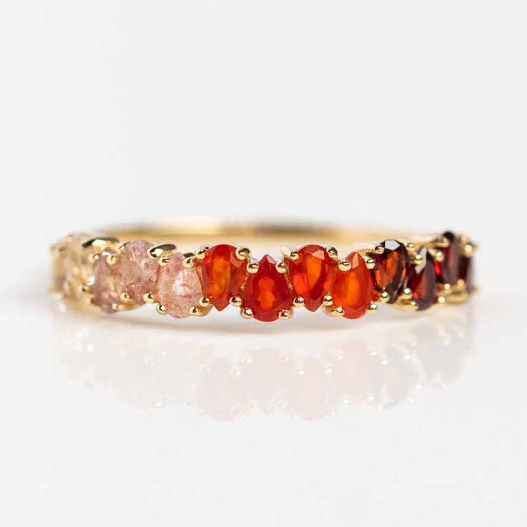 14k Solid Gold Ombre Birthstone Ring Unique Multi Gemstone Wedding Band ...