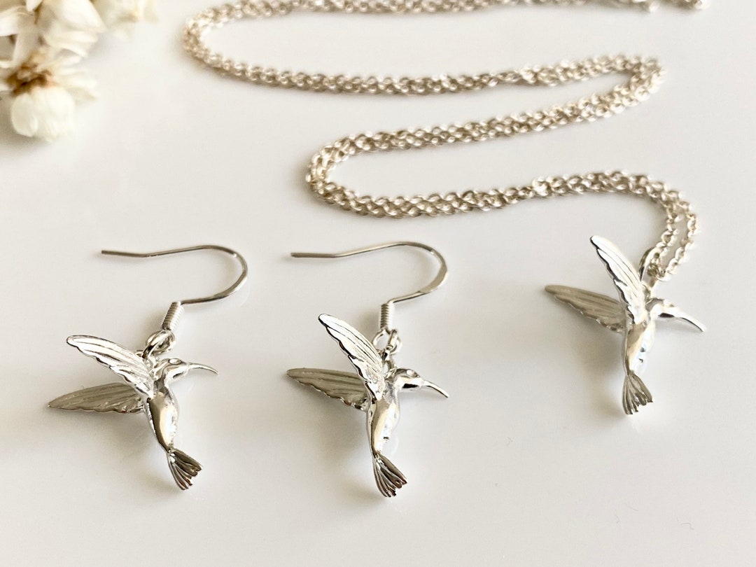 Sterling Silver Hummingbird Jewelry Set: Necklace and Earrings - Etsy
