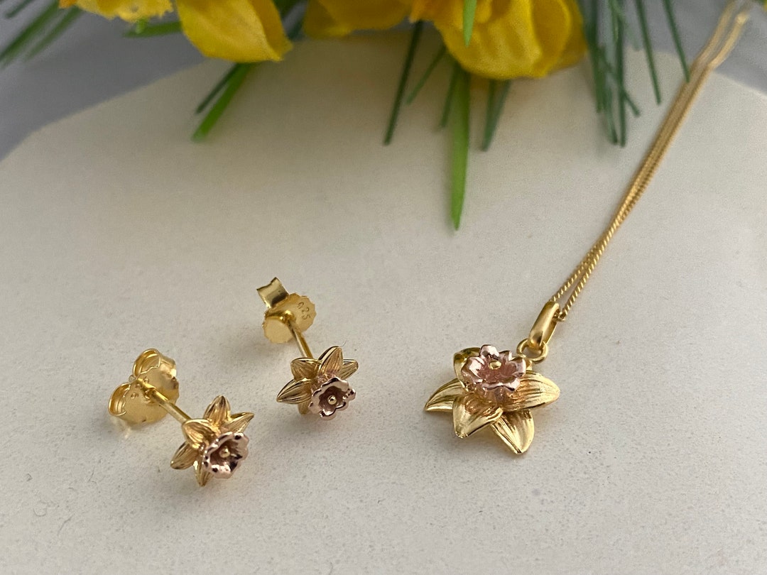 Daffodil Jewelry Set: Sterling Silver With Gold Finish, March Birth ...