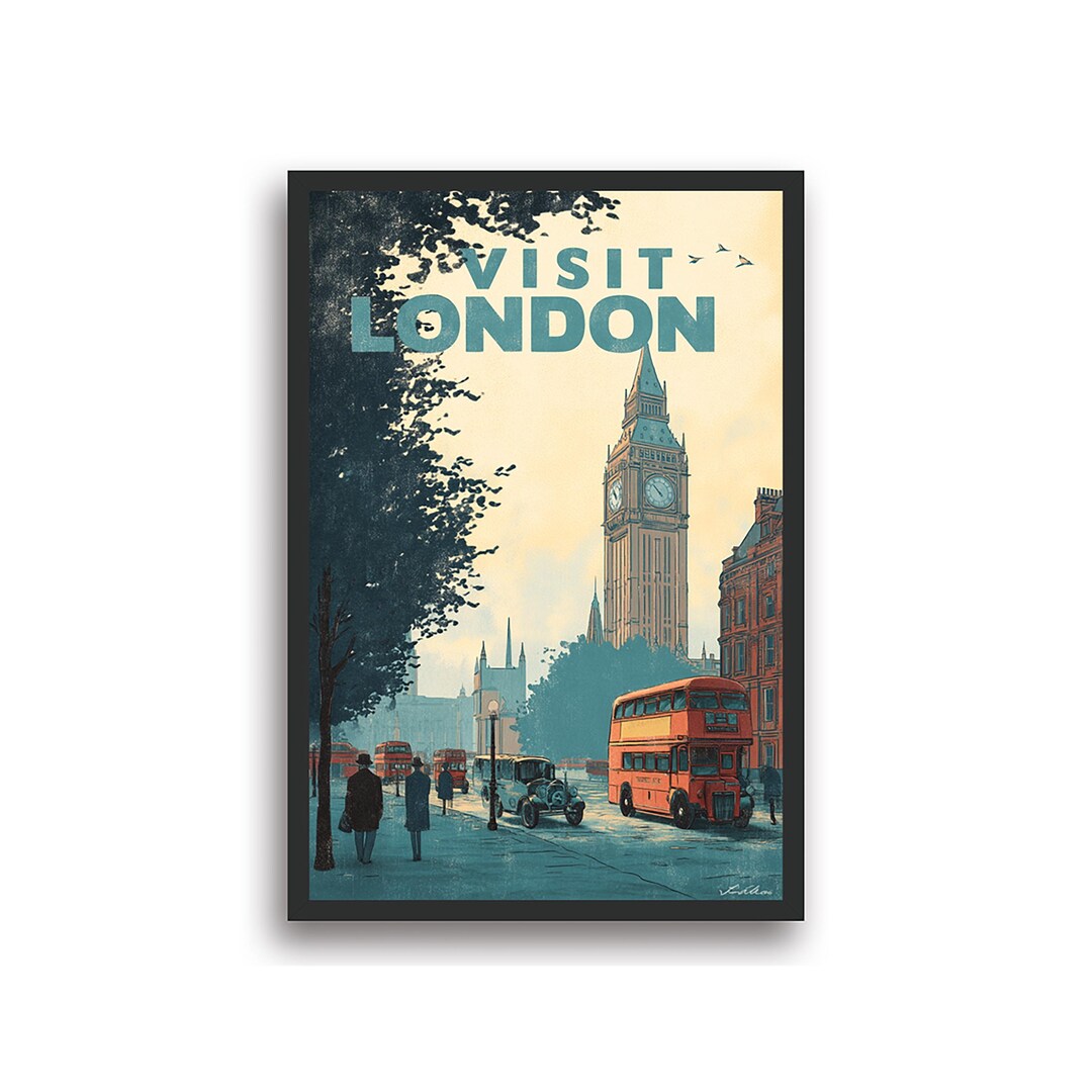 Vintage Travel Poster LONDON Big Ben. Retro Red Bus Poster 1930s. UK ...