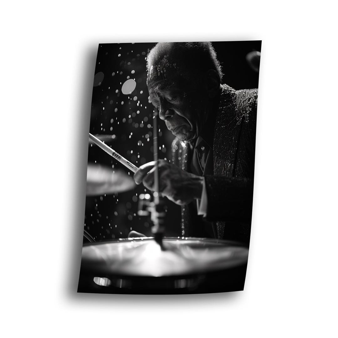 Rhythm. Black and White Print of a Jazz Drummer. Portrait of a Musician ...