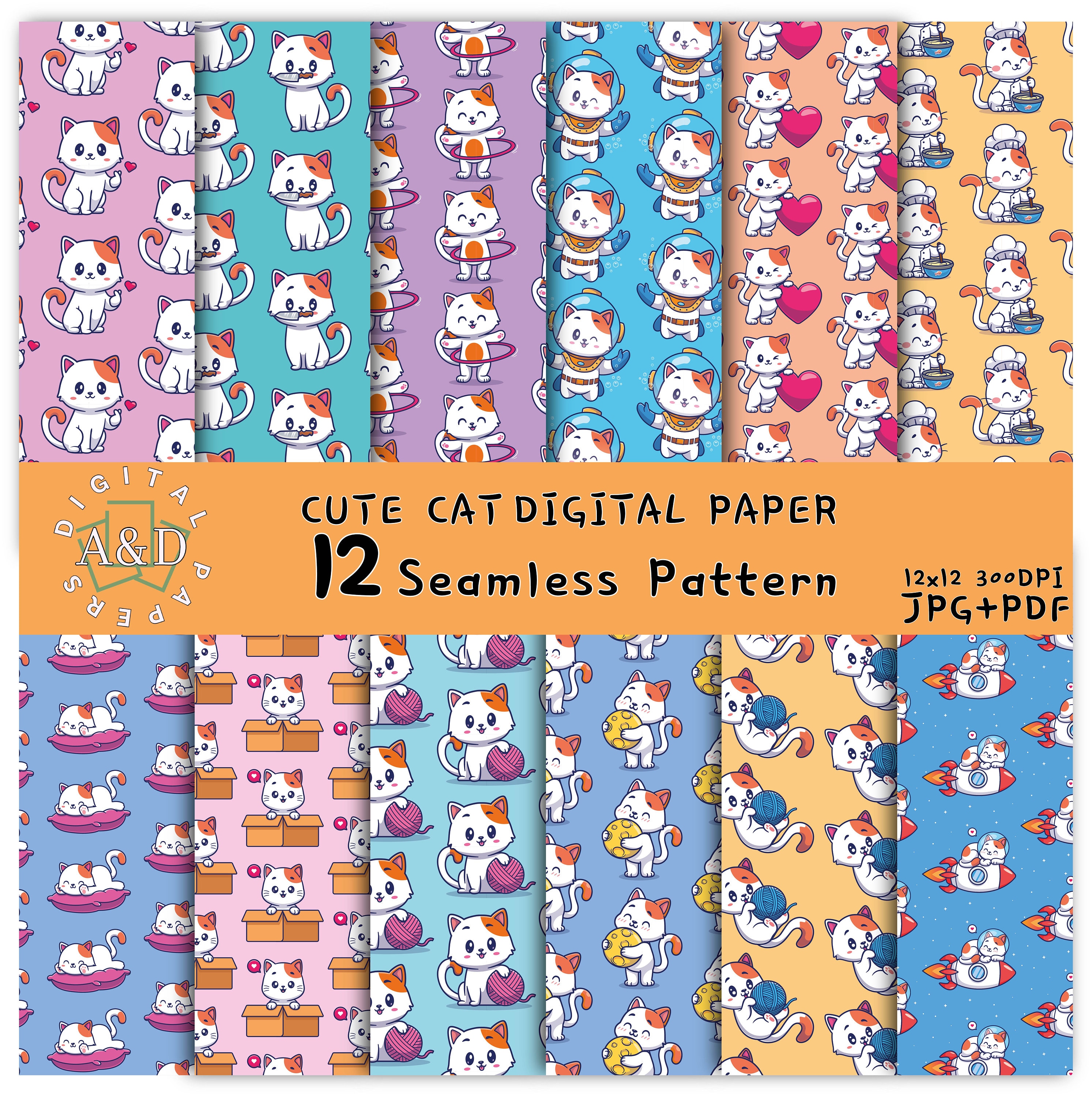 Cute Cat , Kitty Cat, Kawaii Cat, Digital Papers-scrapbook - Seamless ...