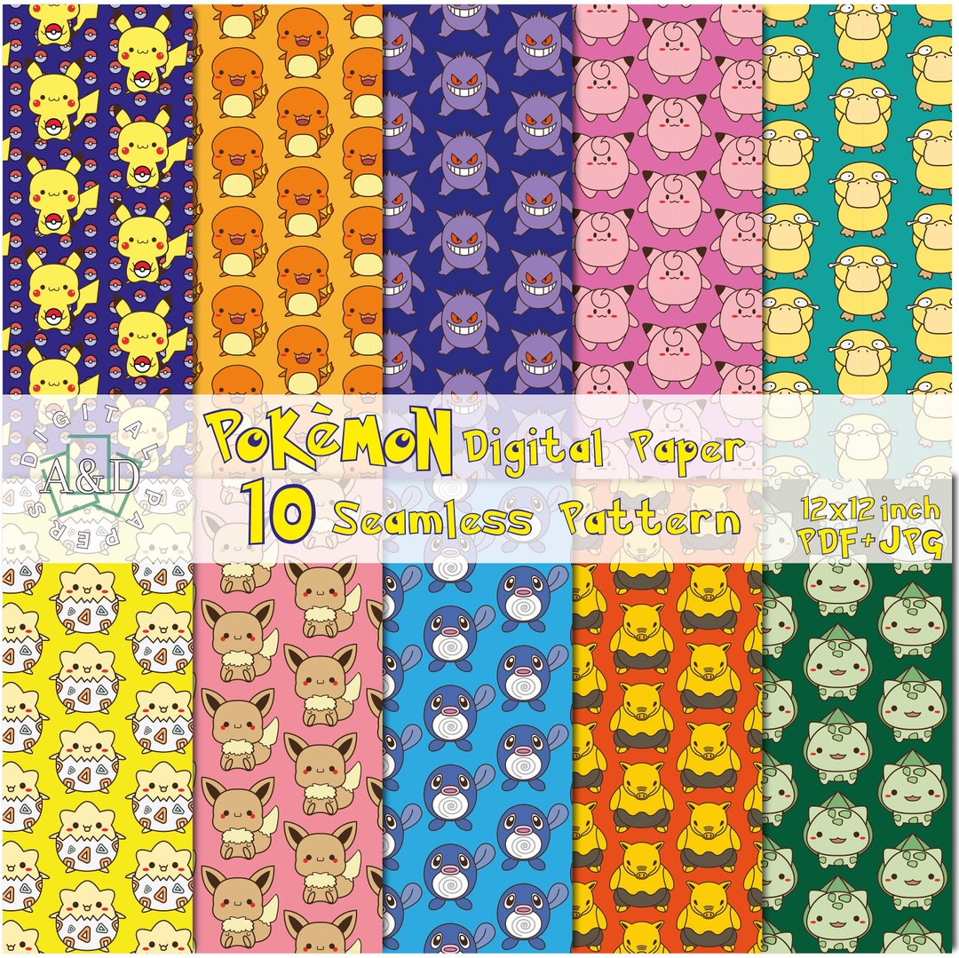 Poke Mon , Pokeball, Cute Kawaii Digital Papers -scrapbook - Seamless ...