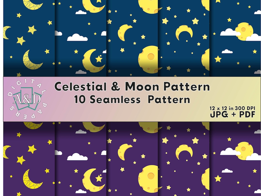 Celestial, Moon, Stars, Digital Papers- Seamless - 10 Designs 12x12in ...