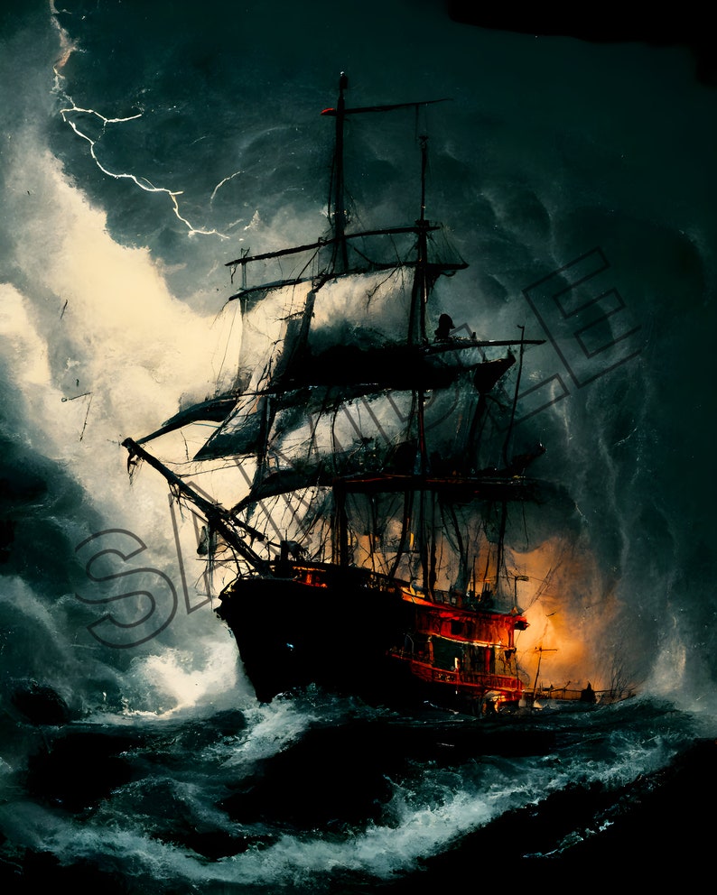 Download Digital Image Picture for Print Sailing Ship Storm on Fire at ...